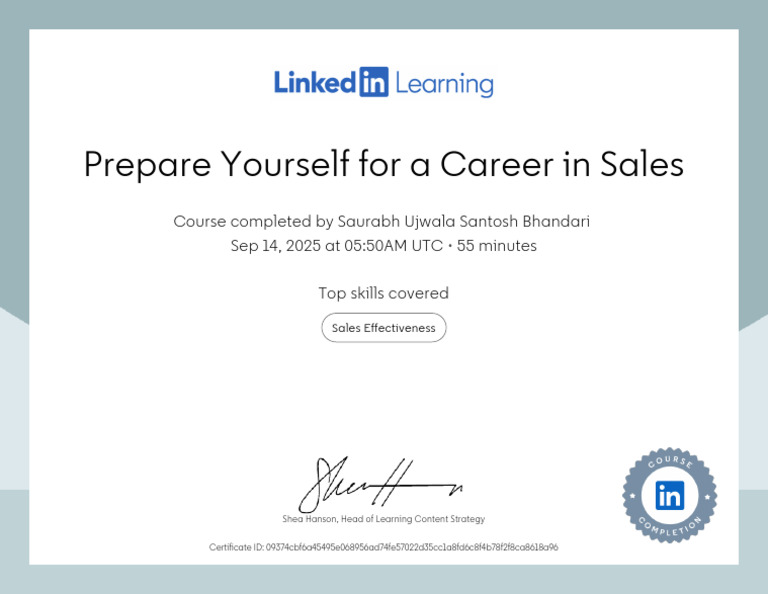 CertificateOfCompletion - Prepare Yourself For A Career in Sales | PDF