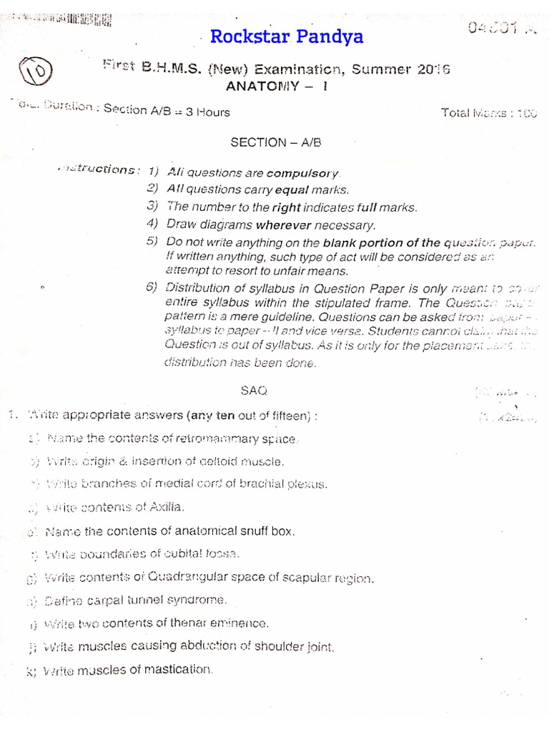 1st BHMS (New) - 2016 - Summer - Question Paper | PDF