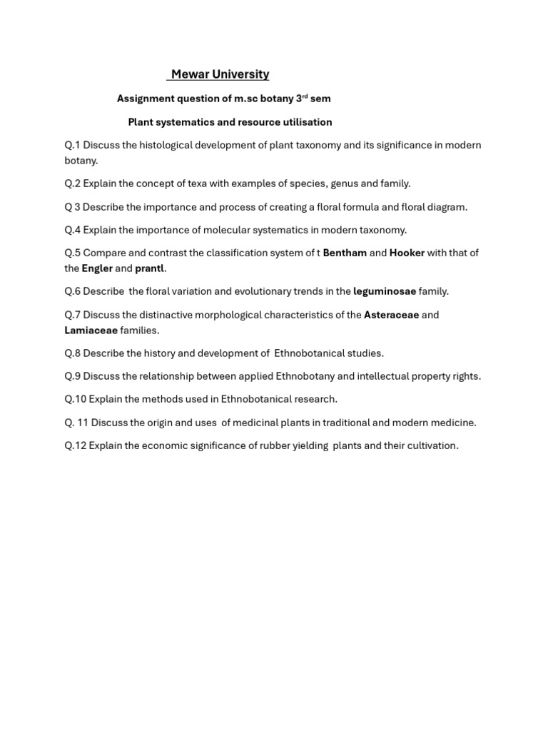 Assignment Questions MSC Botany 3rd Sem | PDF