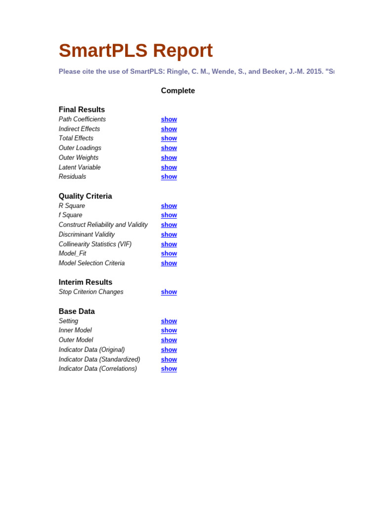 Smartpls Report: Complete Final Results | PDF