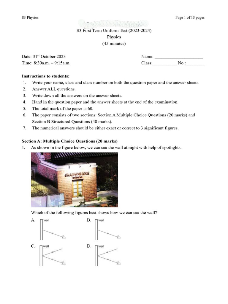 2023-2024 S3 Physics 1st UT Eng | PDF
