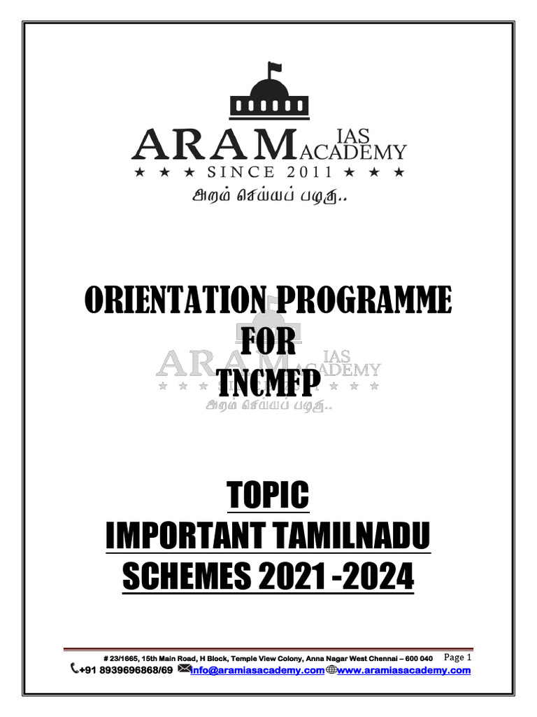 Tncmfp - Important Tamilnadu Schemes 2021 -2024 | PDF