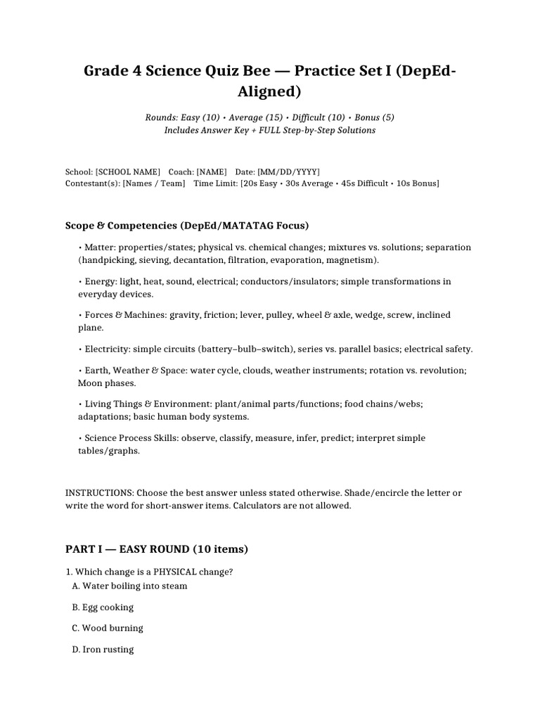 Grade4 Science QuizBee Practice Set I | PDF | Water | Evaporation