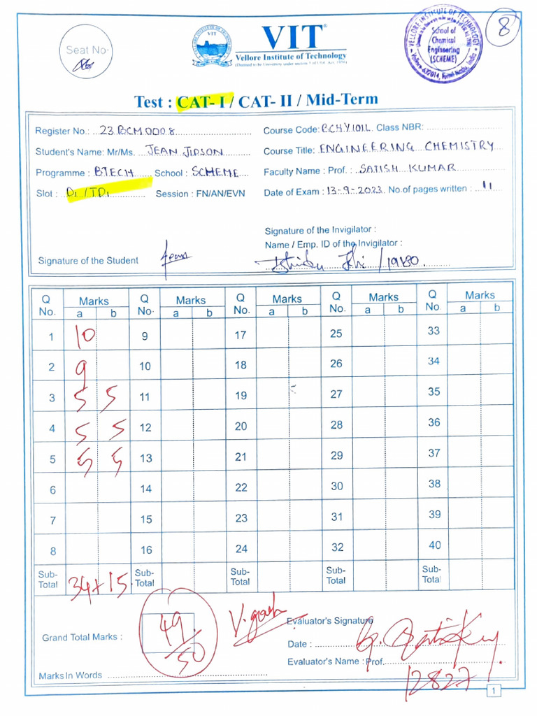 FALLSEM2023-24_BCHY101L_TH_VL2023240106218_SAMPLE-ANSWER-SHEETS-CAT1 | PDF
