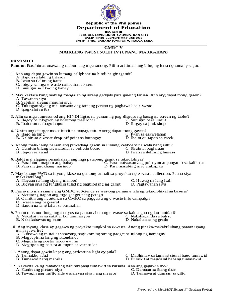 GMRC Quarter 1 Quiz 4 | PDF