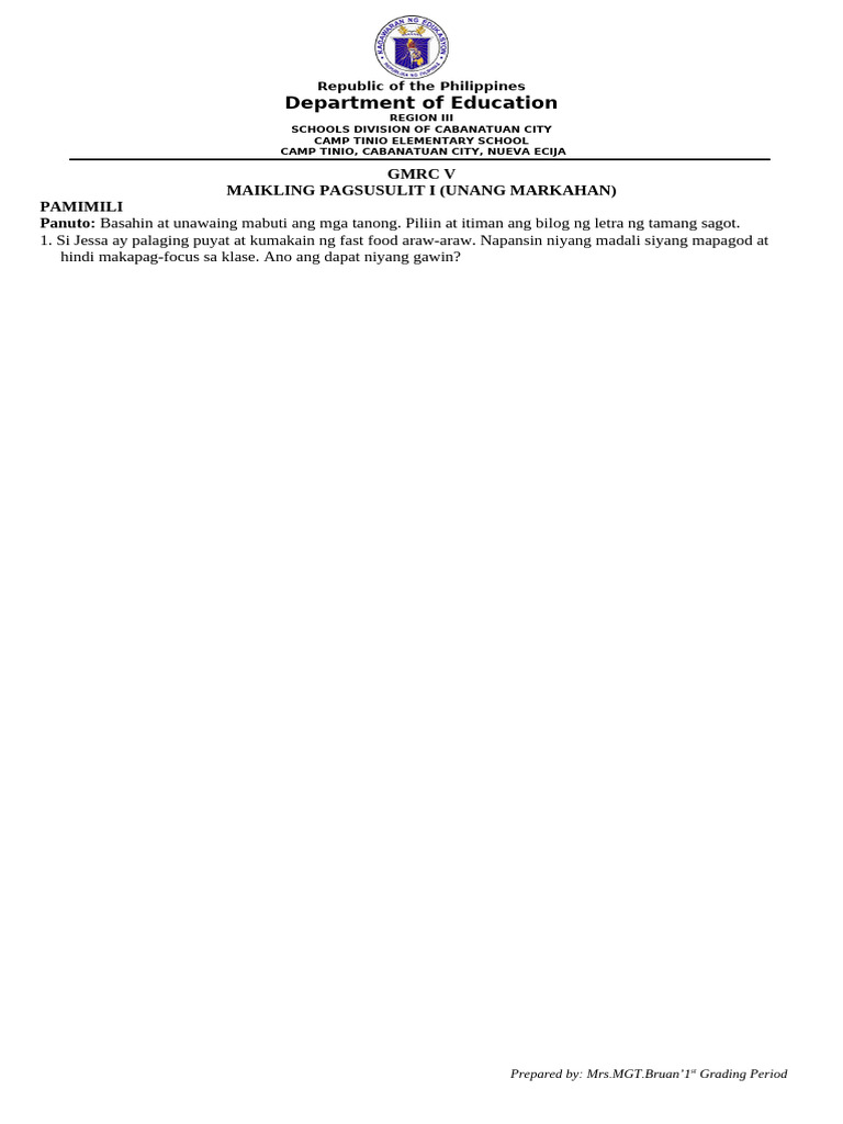 GMRC Quarter 1 Quiz 1 | PDF