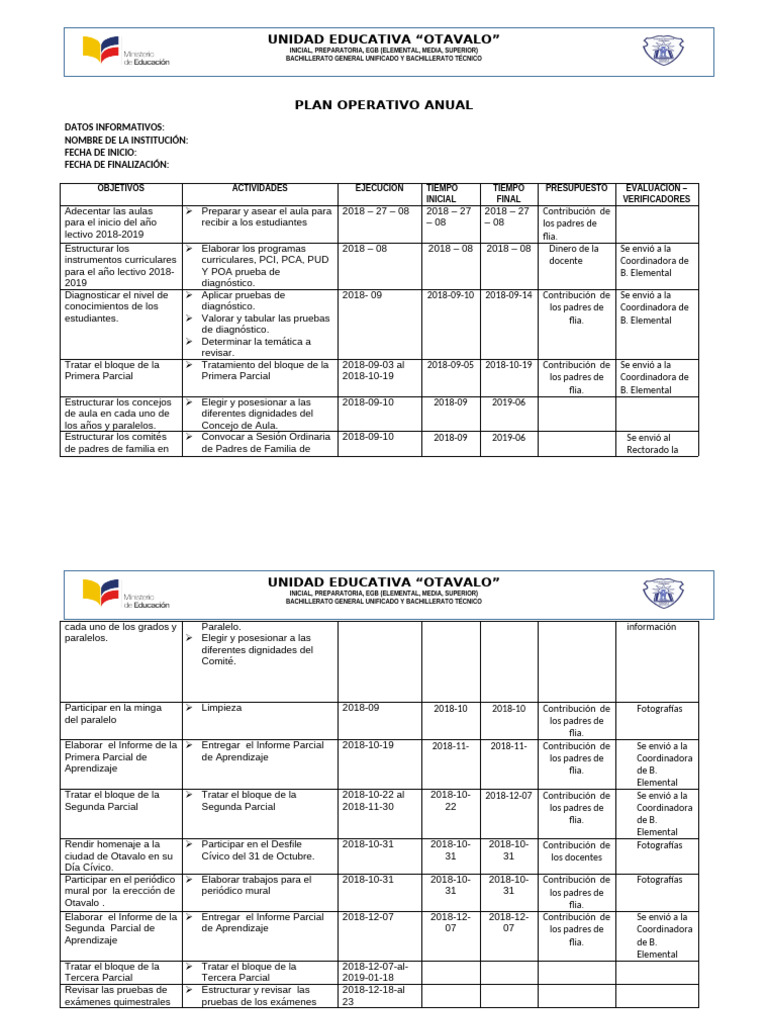 Plan Operativo Anual 2018-2019 Otavalo | PDF | Aprendizaje