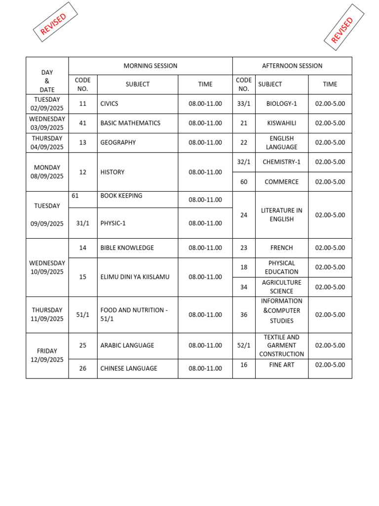 Form Four Pre-National Exam Timetable 2025 | PDF