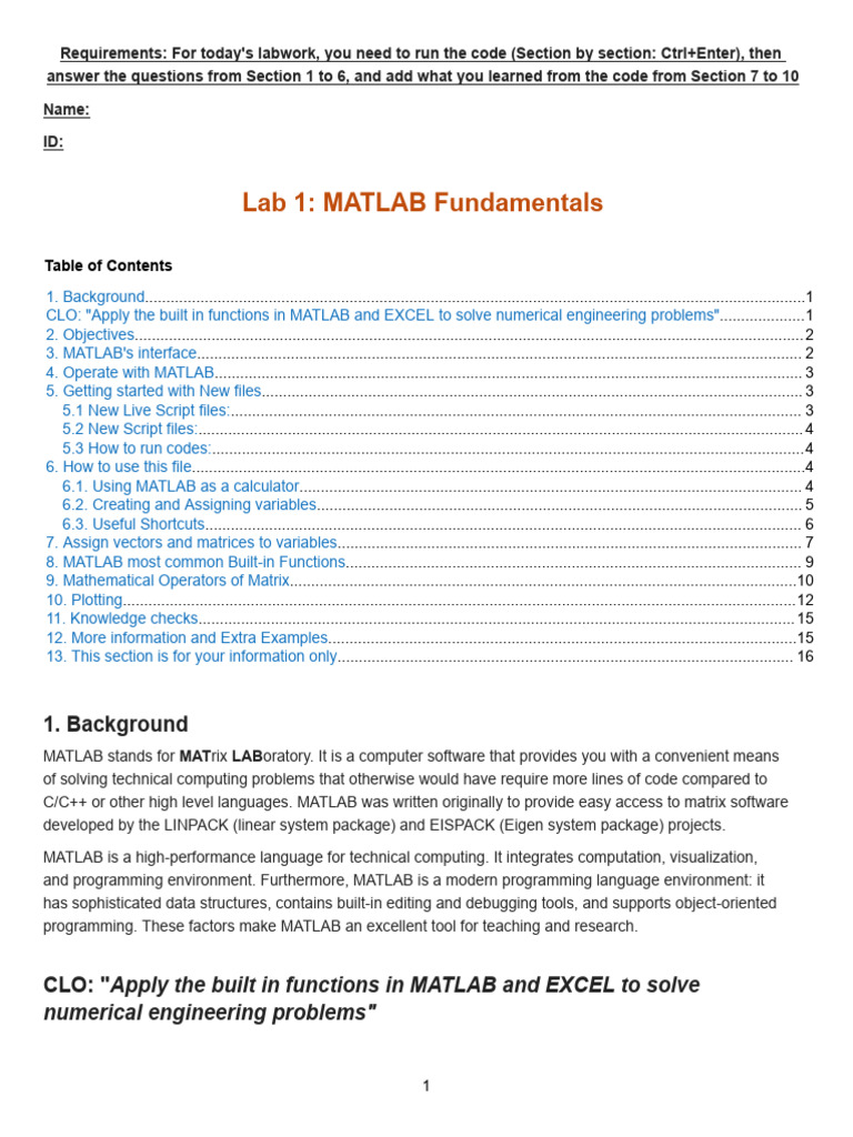 Lab 1 Introduction Matlab F25 | PDF | Matlab | Matrix (Mathematics)