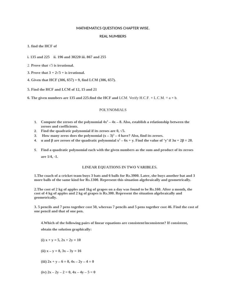 Chapter-wise Mathematics Questions | PDF | Trigonometry | Polynomial