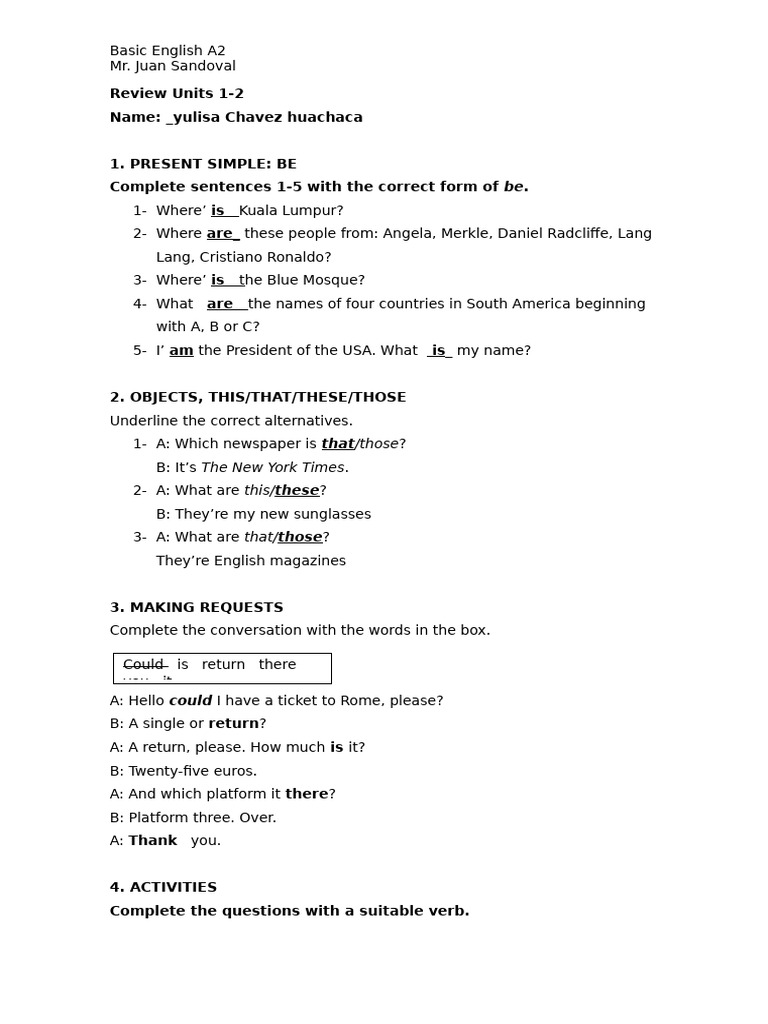 Basic English A2: Present Simple Exercises | PDF