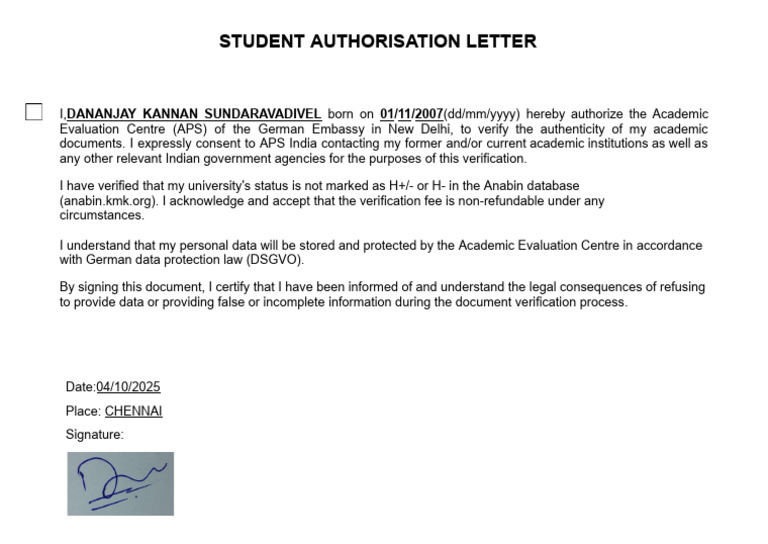 Student Authorization Letter - Dananjay | PDF
