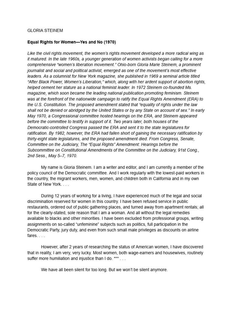 GLORIA STEINEM Equal Rights for Women—Yes and No (1970) | PDF | Gender ...