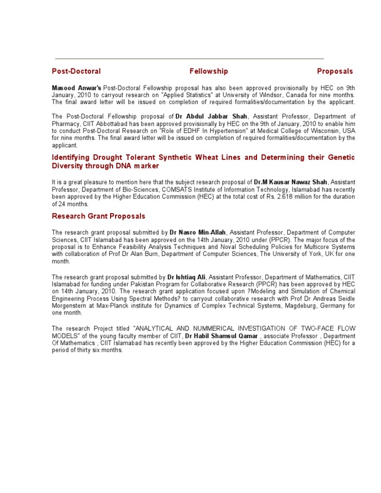 Post-Doctoral Fellowship Proposals | PDF | Professor | Islamabad