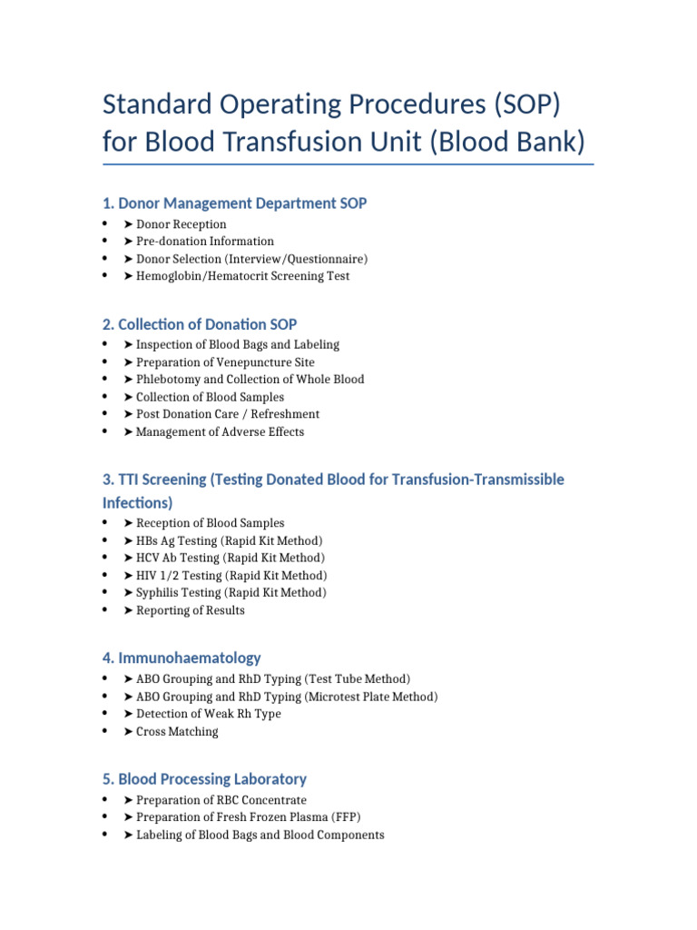 Blood Transfusion Unit SOP | PDF
