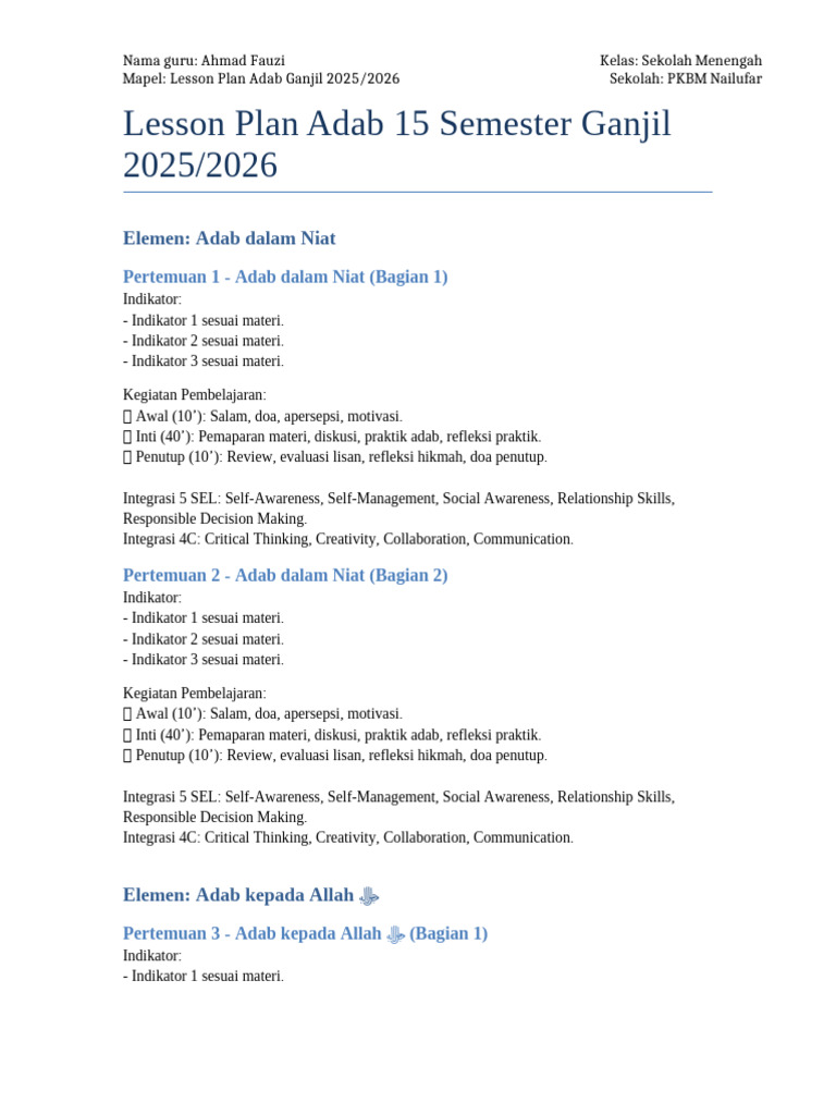 Lesson Plan Adab New | PDF