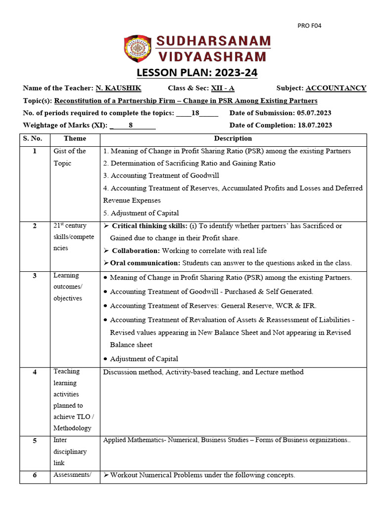 Lesson Plan Format - 2023-24 - FINAL | PDF | Goodwill (Accounting ...