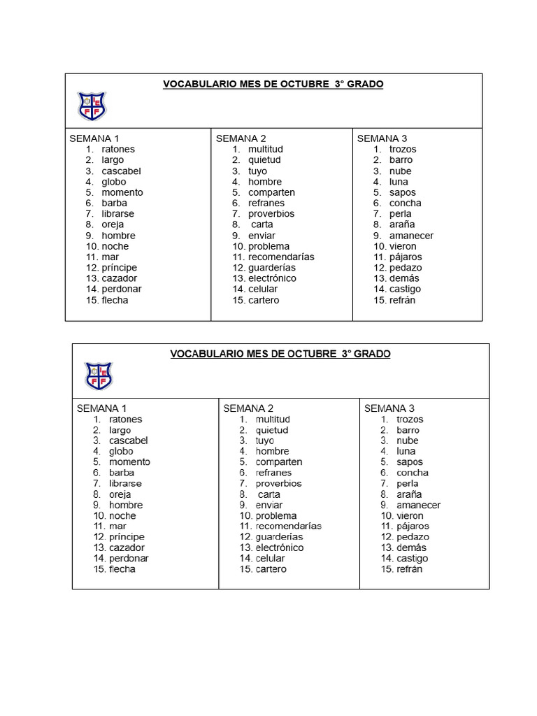 Vocabulario Octubre Tercero | PDF