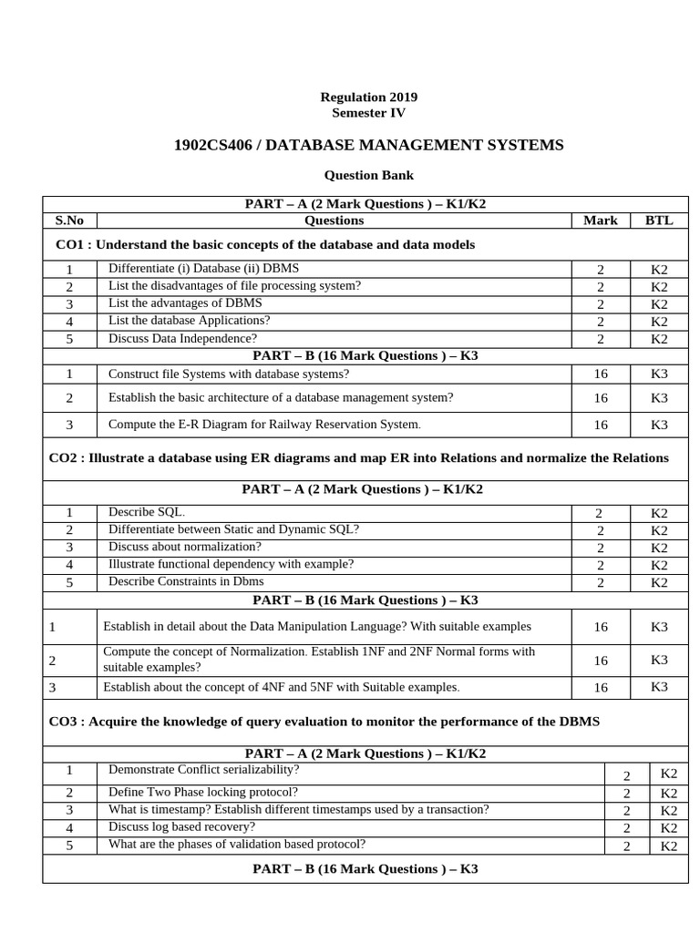 1902CS406 - DBMS QB (Mini Questions For All Units) | PDF | Databases | Database Index