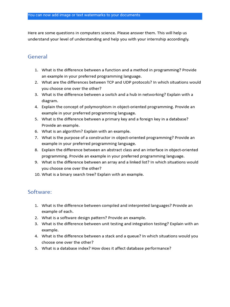 Computer Science Internship Questions | PDF | Computer Network | Databases