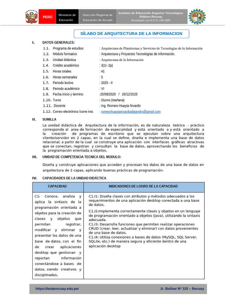 Sílabo Arquitectura de La Informaci | PDF | Mi sql | Bases de datos