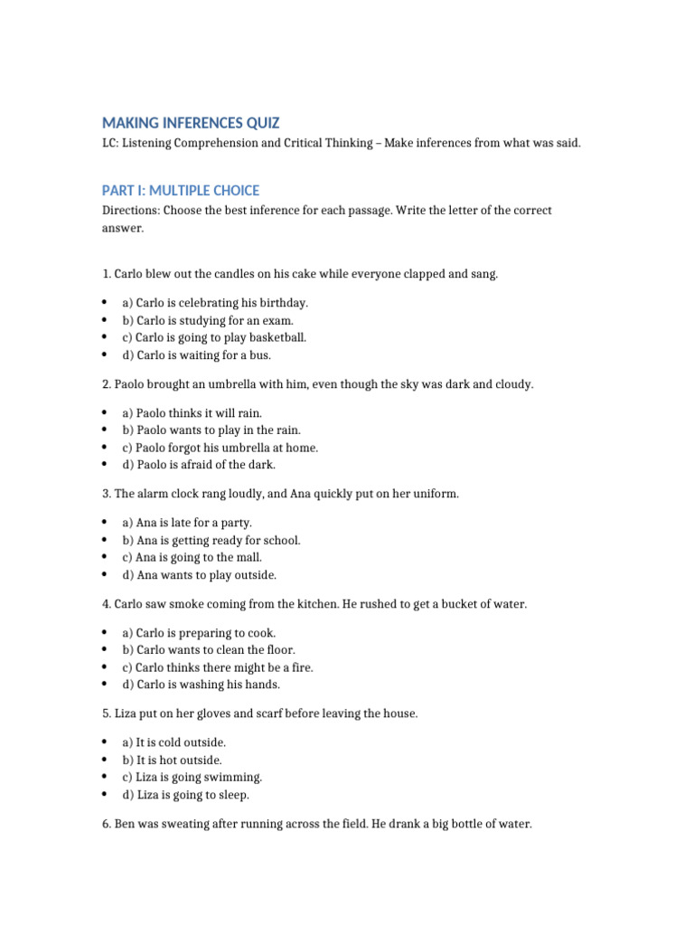 Inference Skills Quiz for Listening Comprehension | PDF