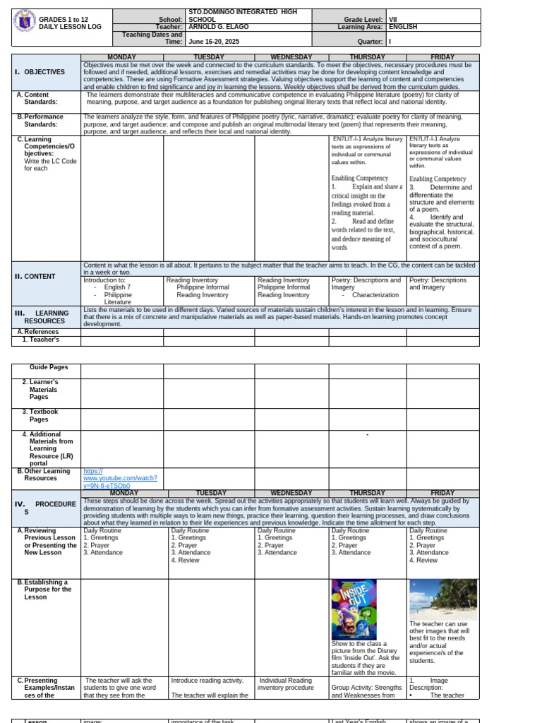 English-7-DLL Week 1 2025 | PDF | Learning | Behavior Modification