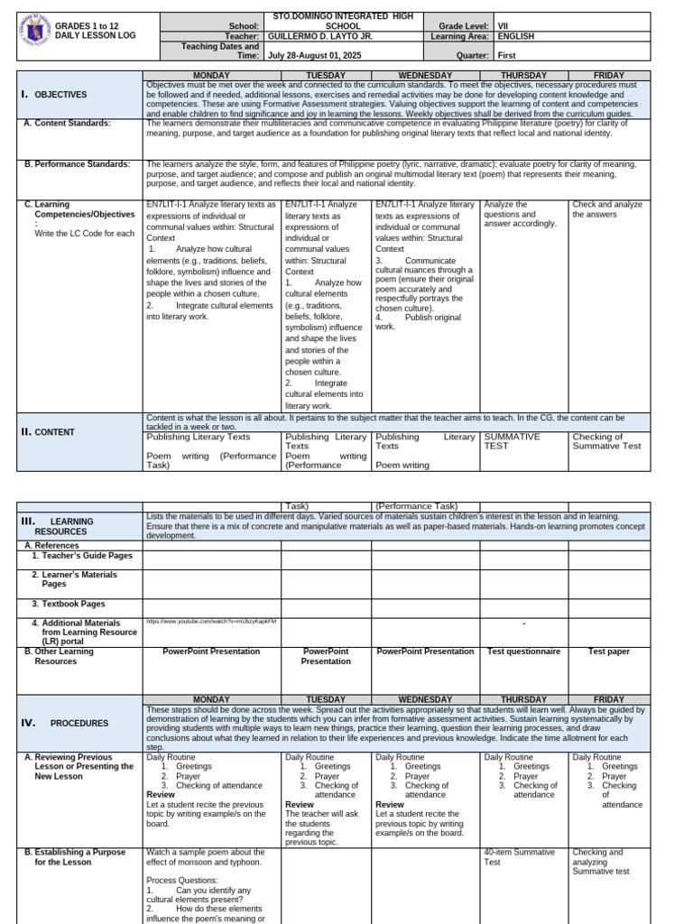 English 7 DLL 1st Quarter Wk8 2025 | PDF | Learning | Teachers