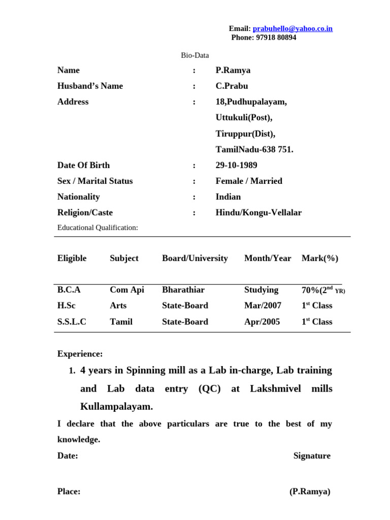 P. Ramya's Bio-Data and Contact Information | PDF