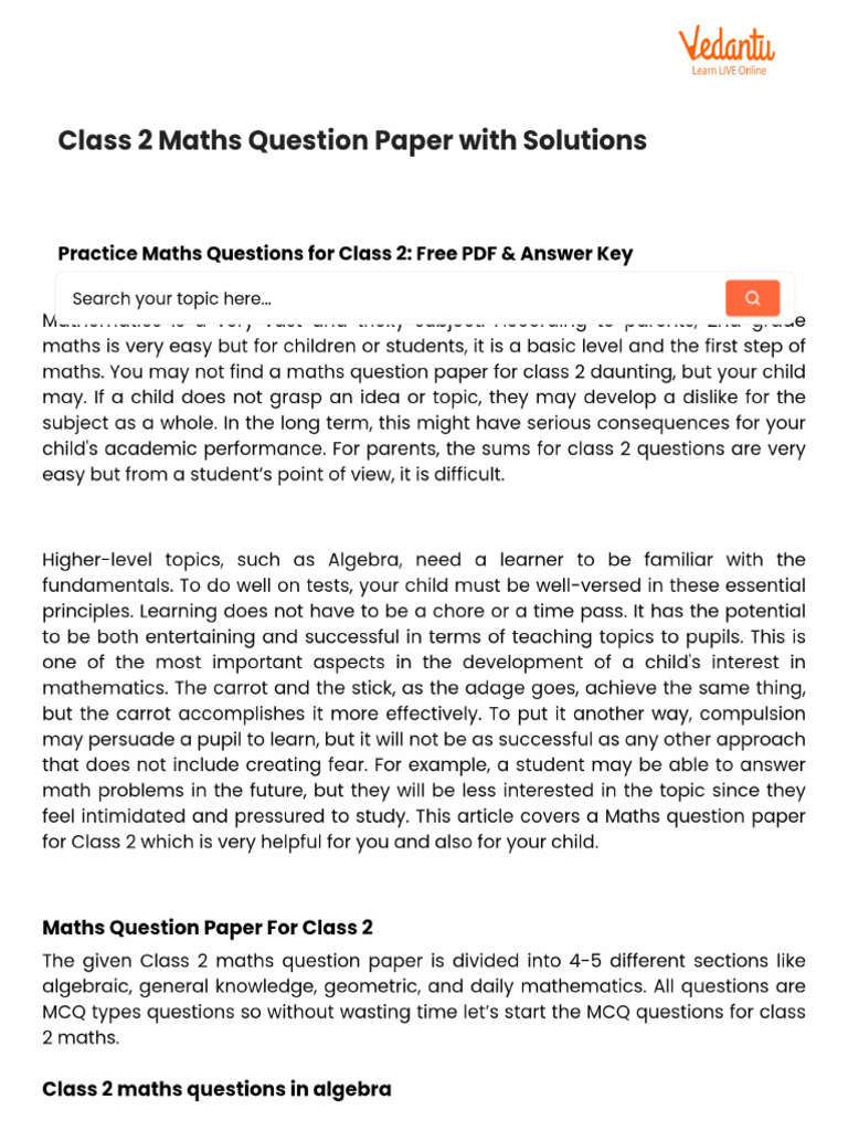 Class 2 Maths Question Paper With Solutions (1) | PDF