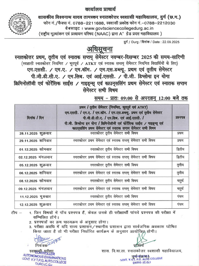 Time Table PG - I & III Sem. Ug Vii Sem. Nov.-Dec. 2025 | PDF