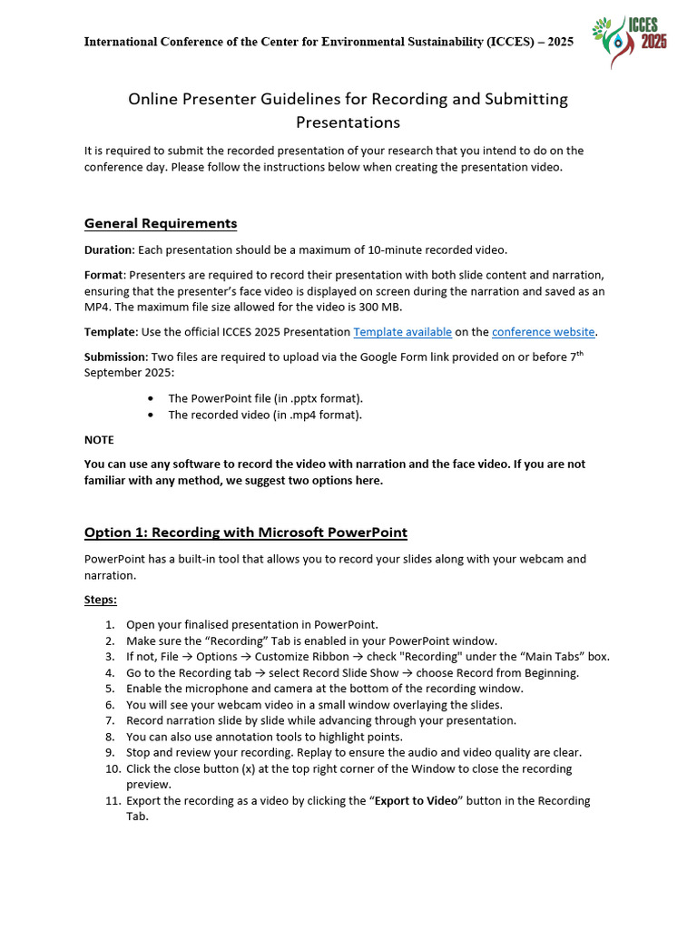 ICCES 2025 Online Presenter Guidelines for Recording and Submitting Presentations | PDF ...