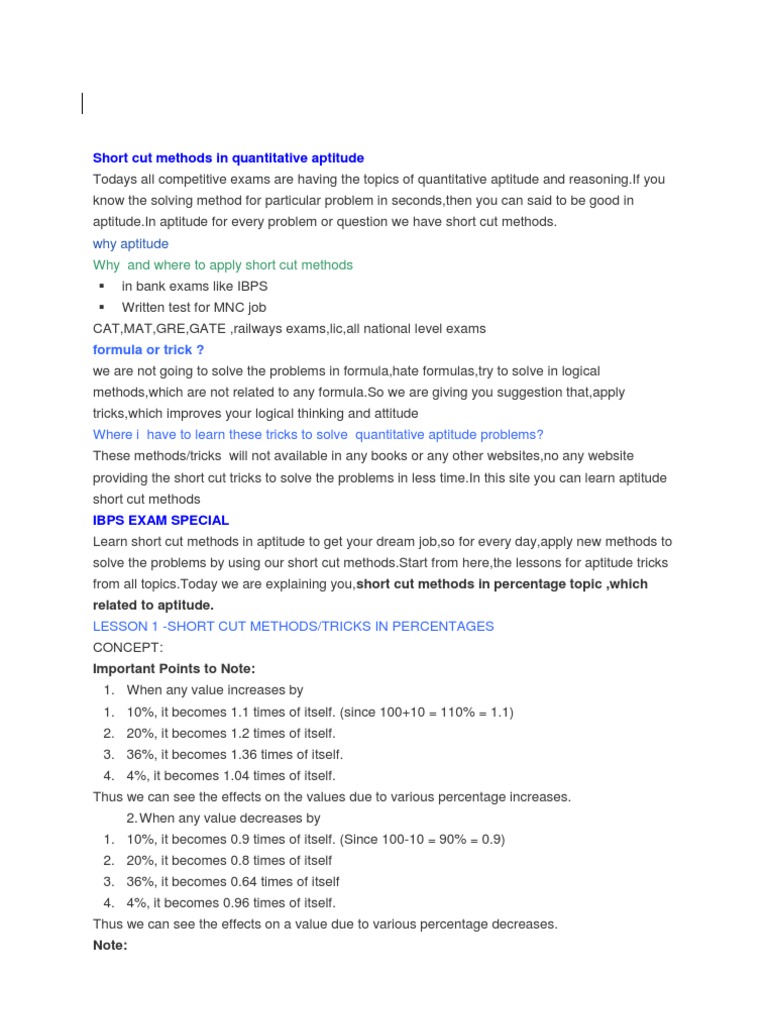 Short Cut Methods in Quantitative Aptitude | PDF | Percentage | Test ...