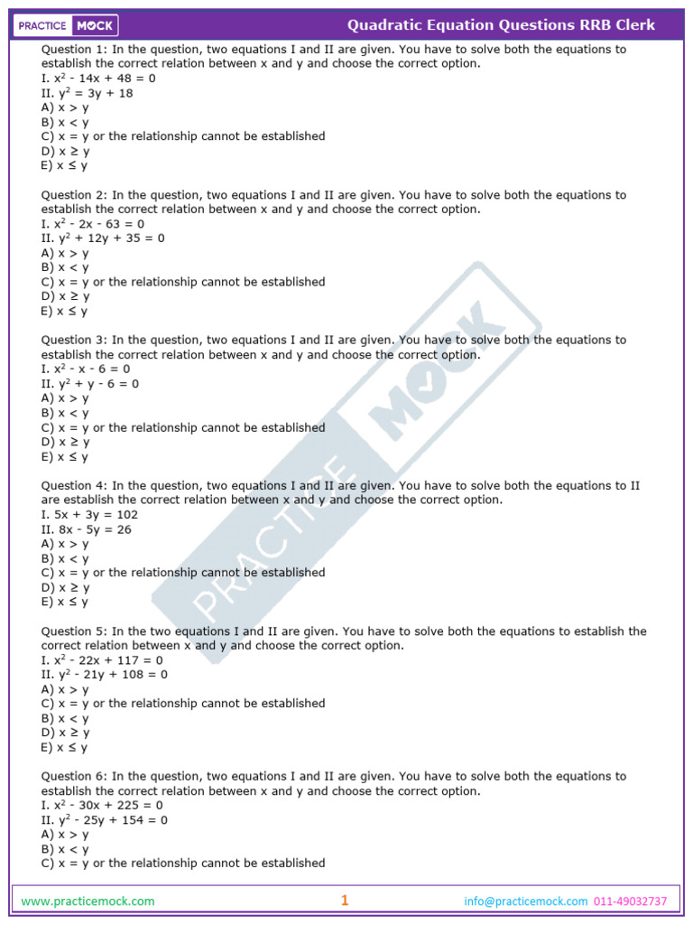Quadratic Equation Questions RRB Clerk | PDF | Equations | Mathematical Objects