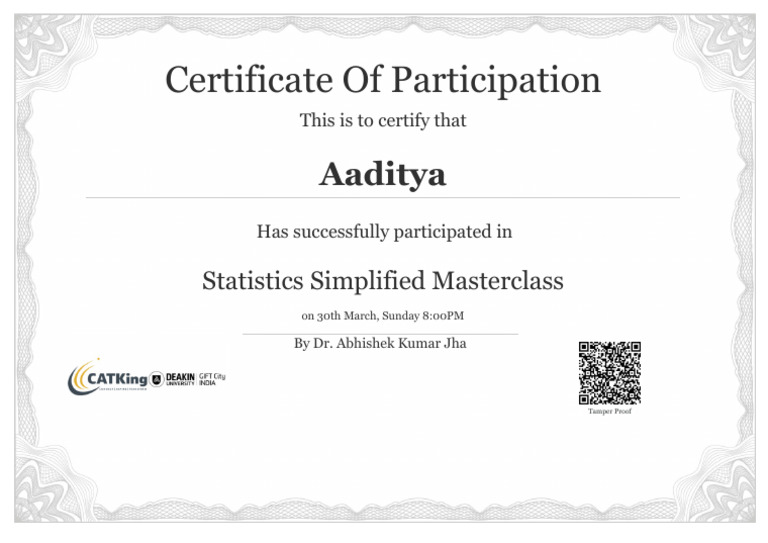 Certificate of Participation in Statistics Masterclass | PDF