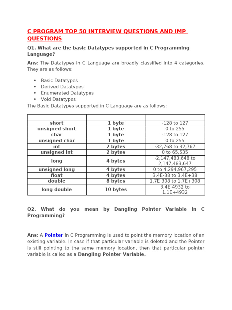 C Program Top Interview Questions Ans Imp Questions | PDF | Pointer ...