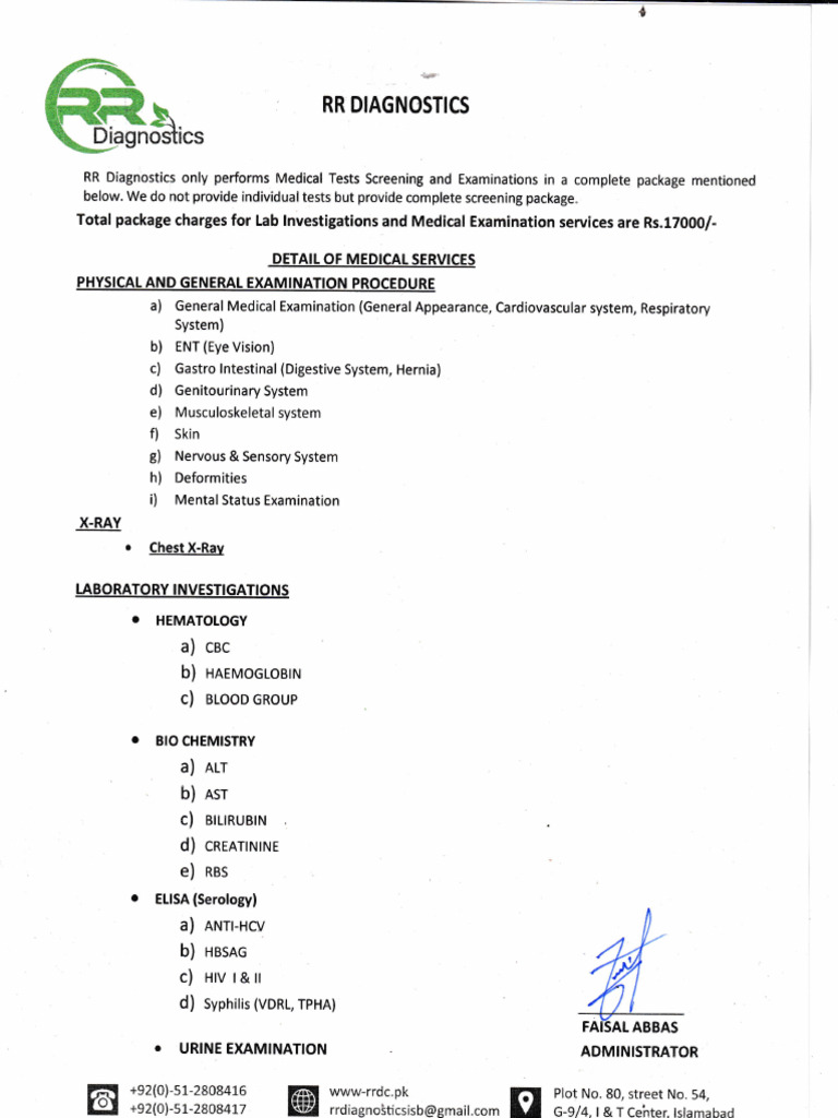 Rate List of Services RR Diagnostics | PDF