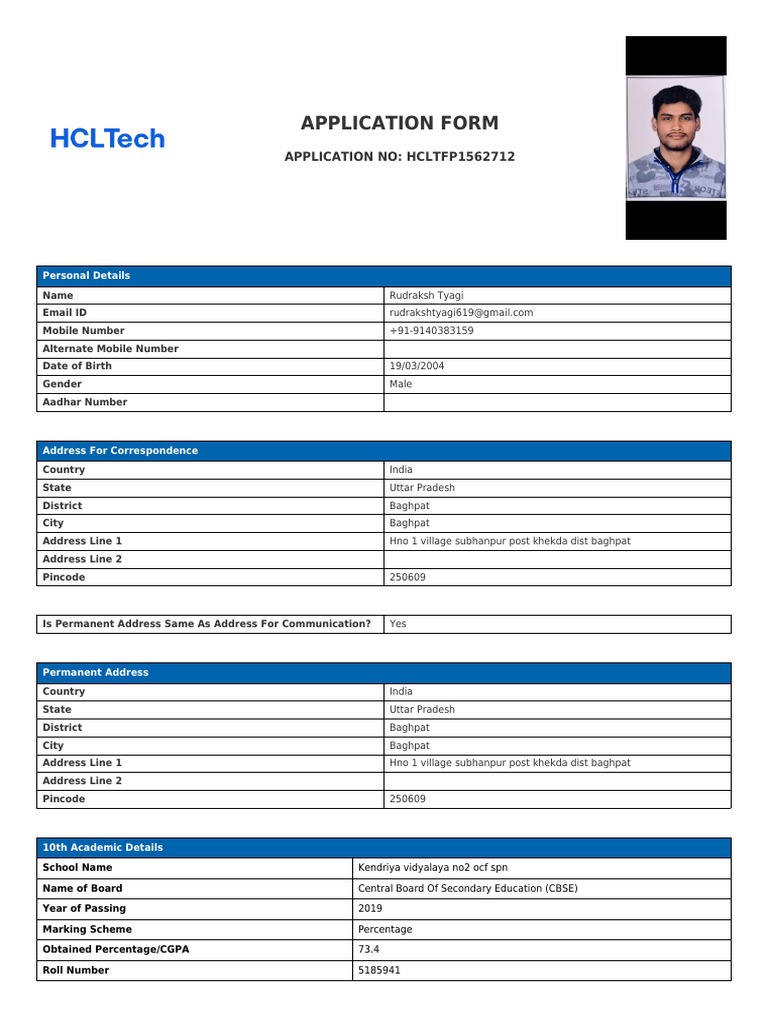 Application Form HCLTFP1562712 | PDF | Certification