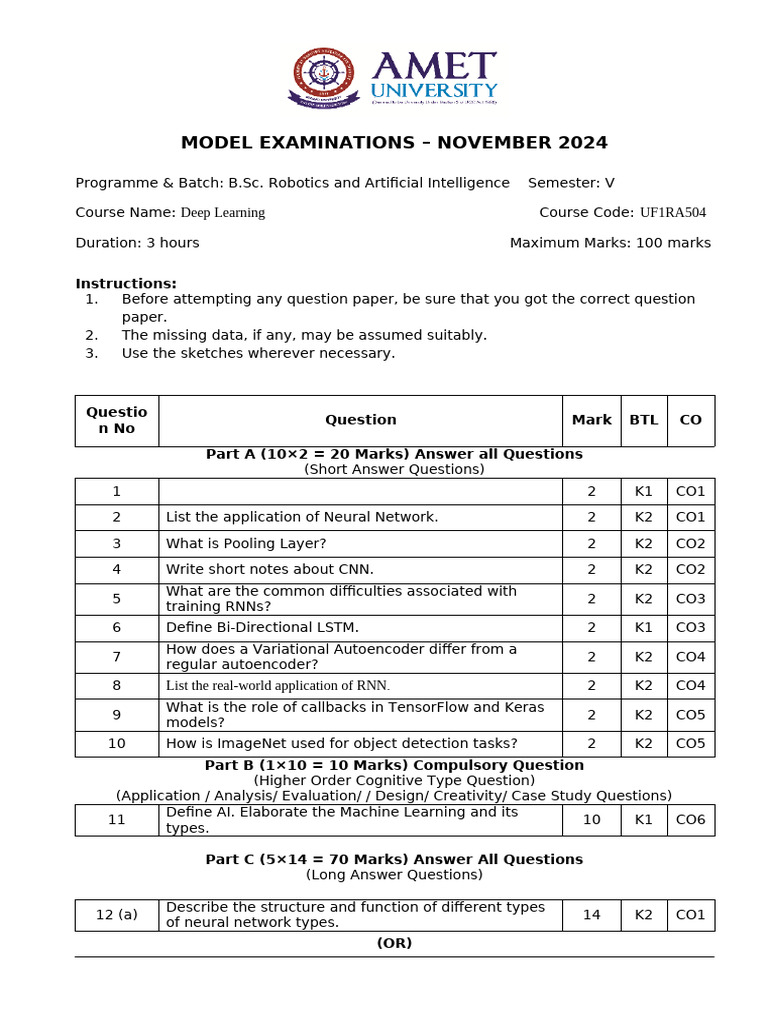 UF1RA504 - Deep Learning - Model Exam Nov 2024 | PDF | Intelligence (AI ...