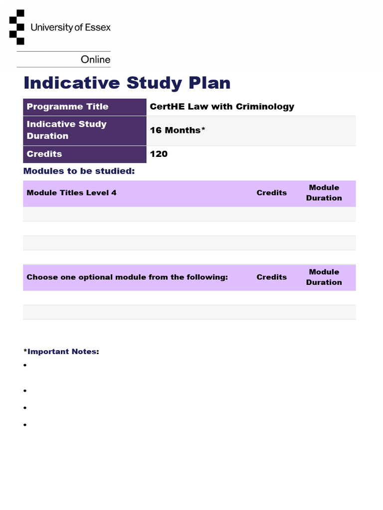 CertHE Law With Criminology Study Plan | PDF