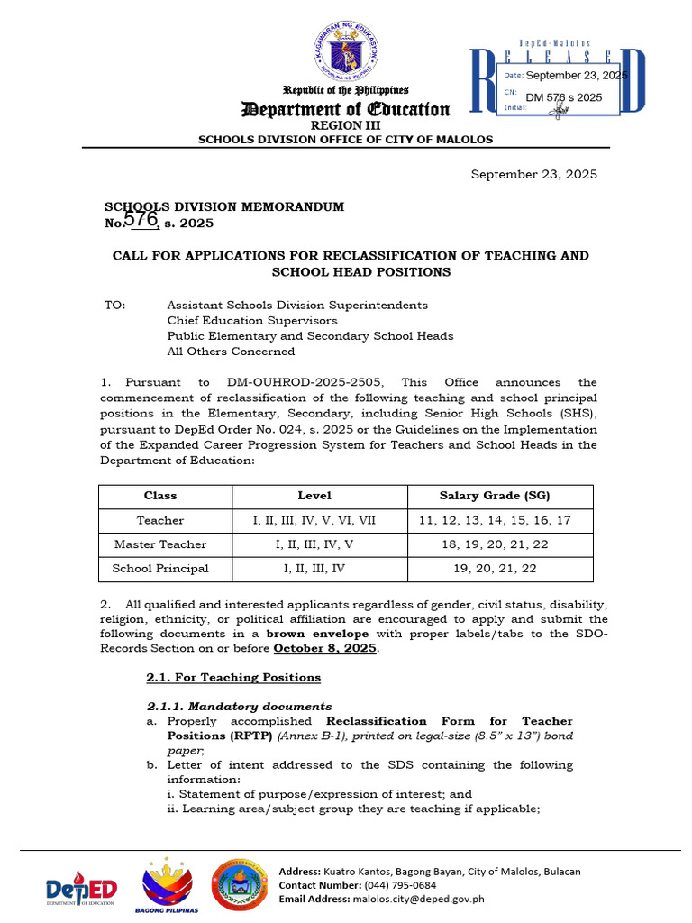 R Reclassification of Teaching and School Head Positions 2 | PDF | Teachers