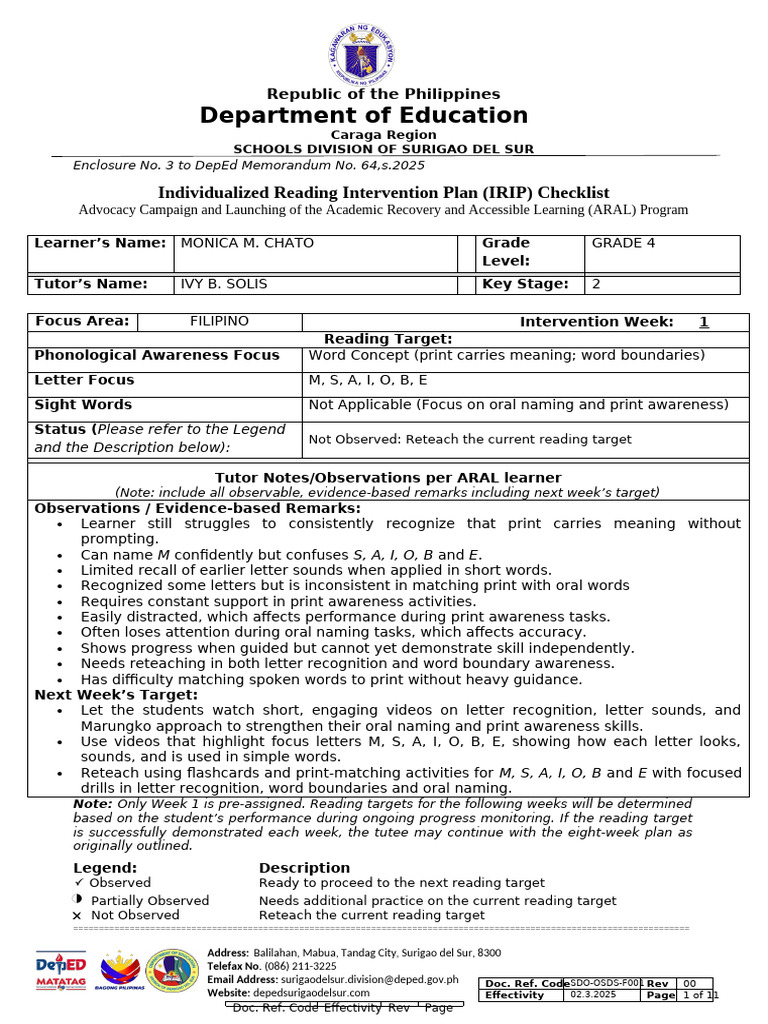 IRIP Individual Reading Intervention Plan Checklist KS 23 MAHINAY | PDF | Human Communication ...
