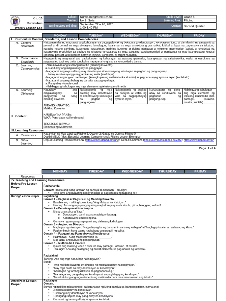 Filipino 5 Lesson-Plan-Sept 22-26, 2025 | PDF