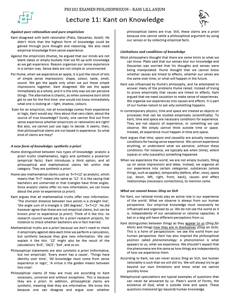 Lecture 11 Phi102 Kant On Knowledge 2022 | PDF | Empiricism | A Priori ...