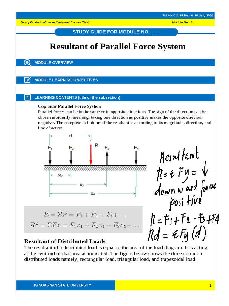 Resultant of Parallel Forces Study Guide | PDF | Area | Force