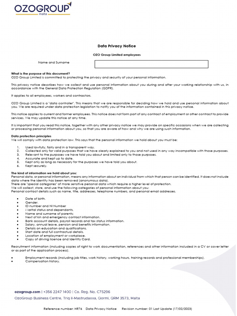 HR76 - Data Privacy Notice (Rev 01) - Last Updated 17.02.2023 | PDF ...