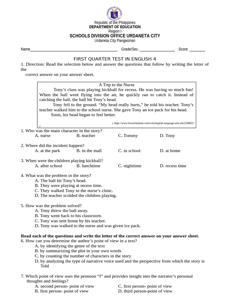 First Quarter English Test for Grade 4 | PDF | Narration