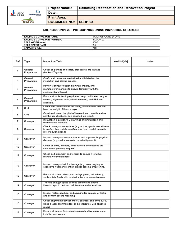 Tailings Conveyor Commissioning Checklist | PDF | Manufactured Goods ...