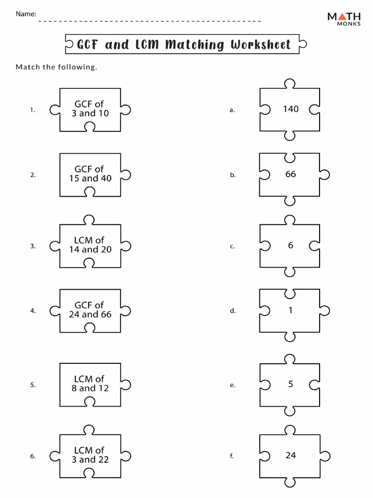Greatest Common Factor and Least Common Multiple Matching Worksheet | PDF
