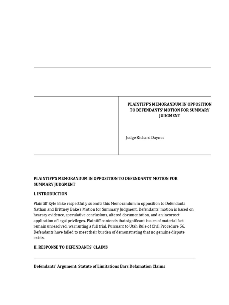 PLA Memorandum Opposing Motion | PDF | Defamation | Negligence